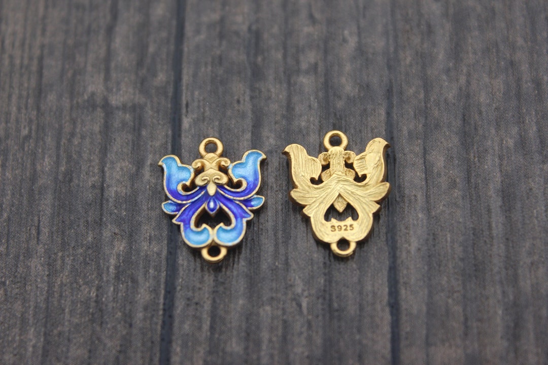 Sterling Silver Flower Connector,gold Plated,blue Enamel Floral Link ...