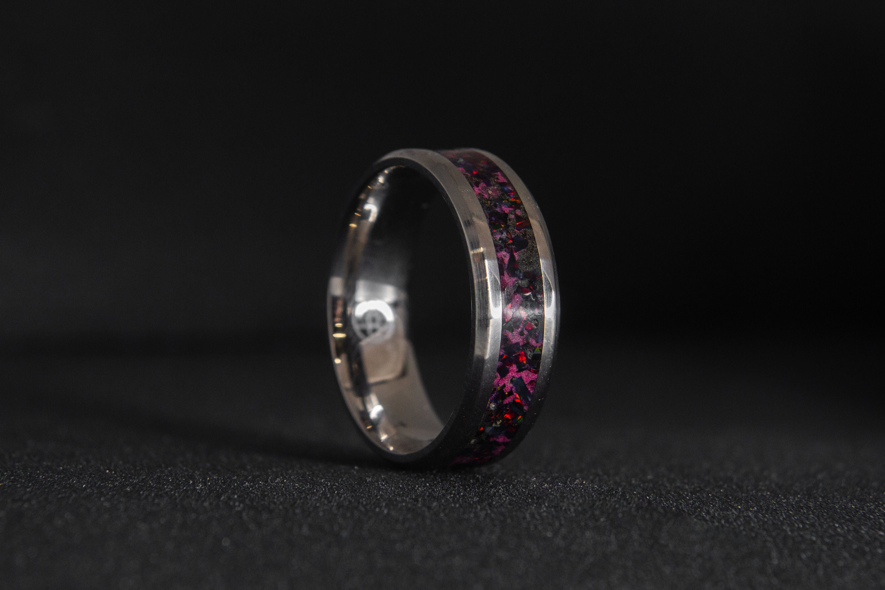 Black Lava Rock Opal Glow Ring in Tungsten, Glow in the Dark Ring, Mens ...