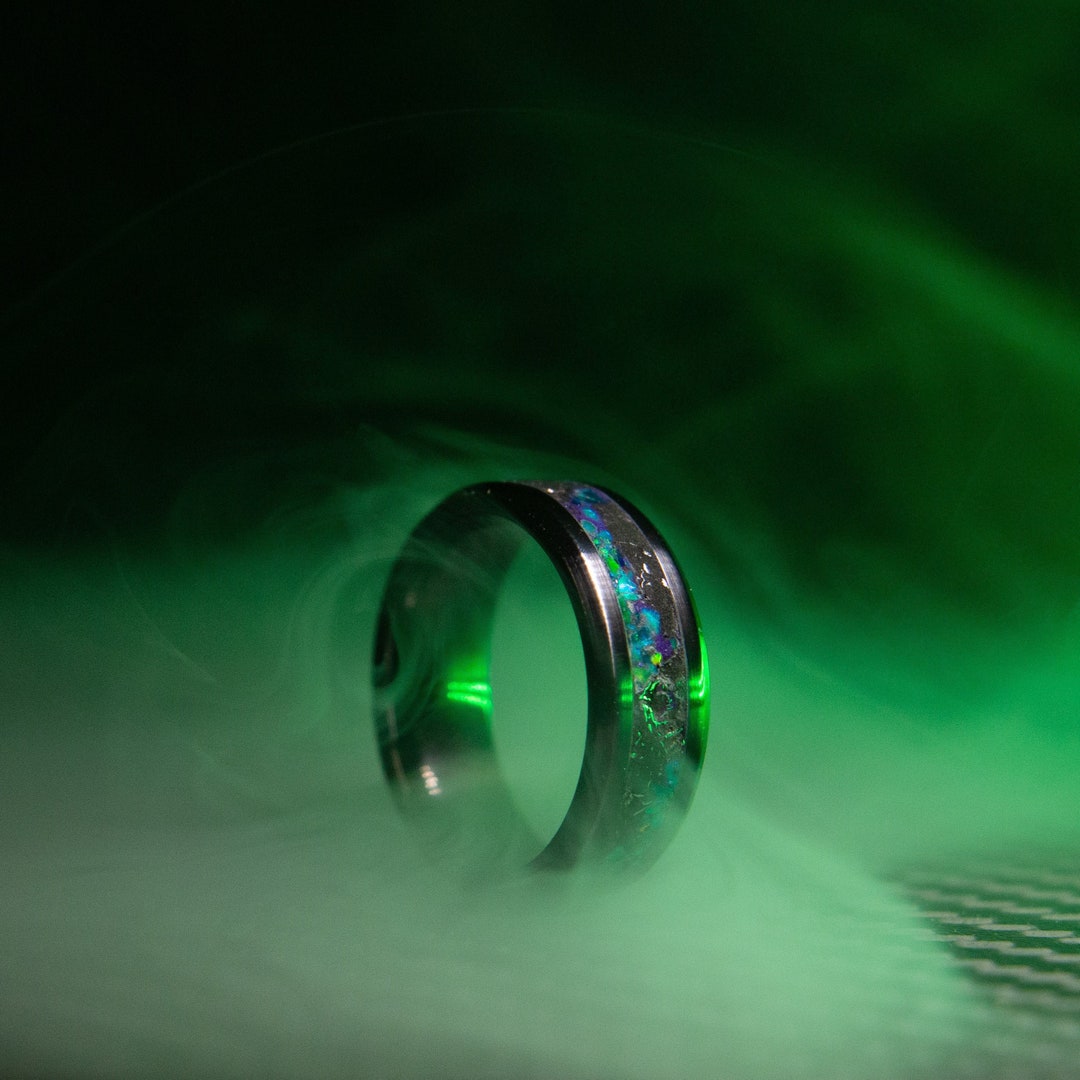 Black Ceramic Meteorite Ring, Neon Green Opal Ring, Glow in the Dark ...