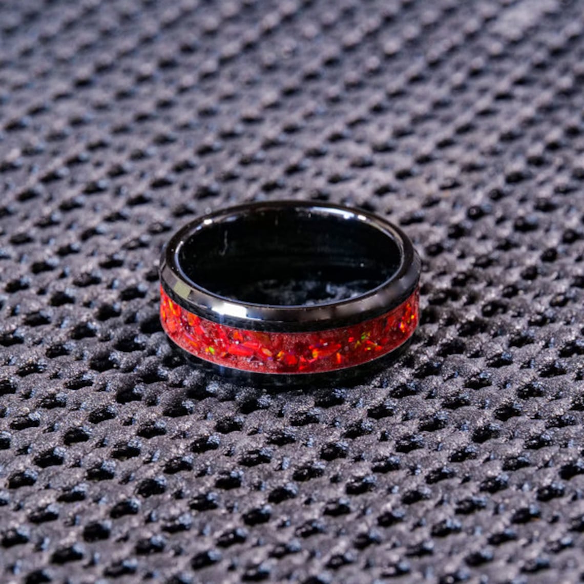 Red Fire Opal Ring on Black Ceramic, Mens Wedding Band, Fire Opal Inlay ...