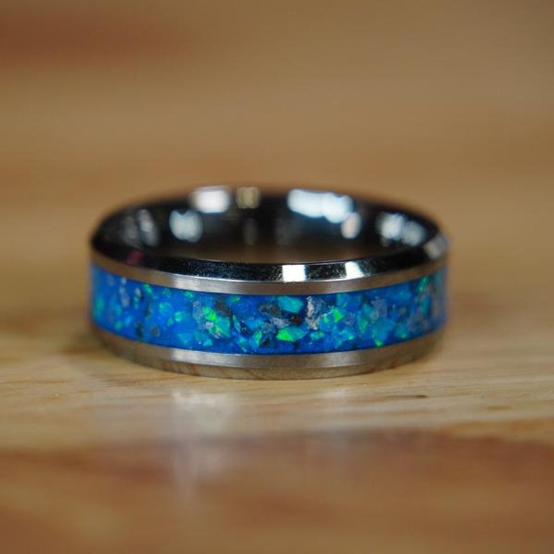 Blue Opal Inlay Ring With Tanzanite and Tungsten Mens Wedding | Etsy