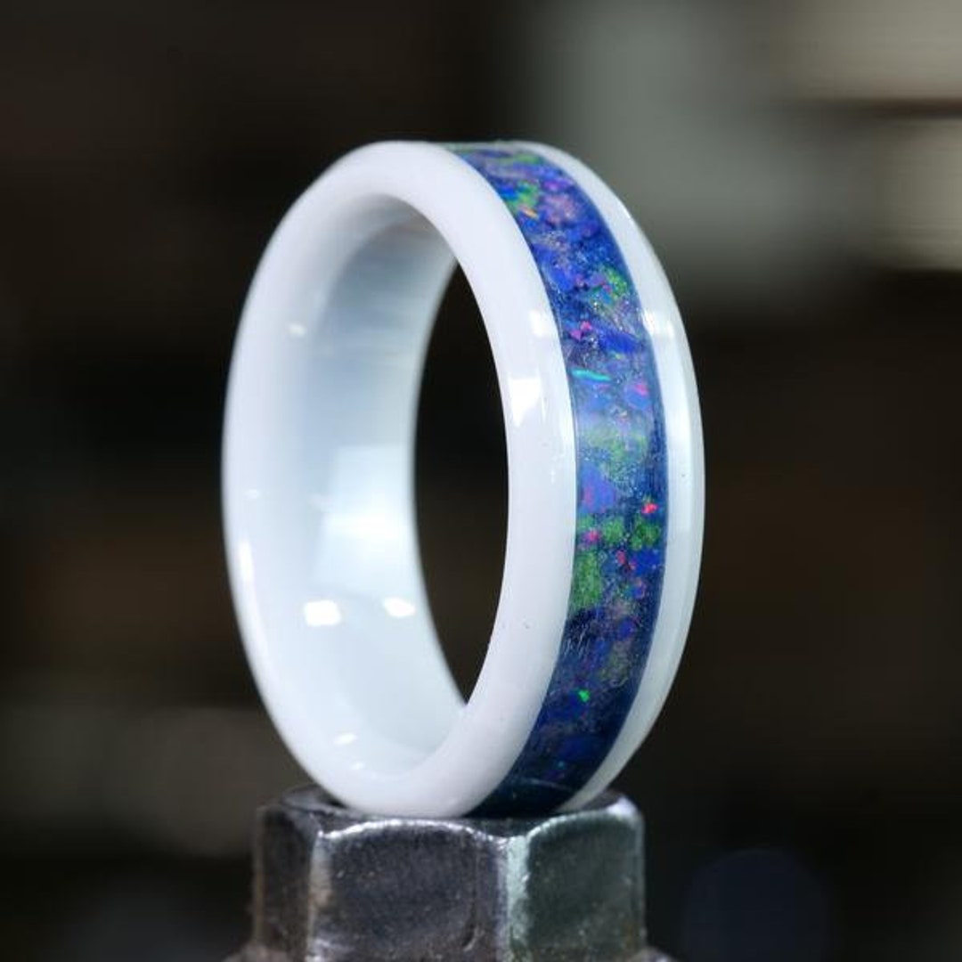 White Diamond and Opal Inlay Ring, Mens Wedding Band, White Ceramic ...