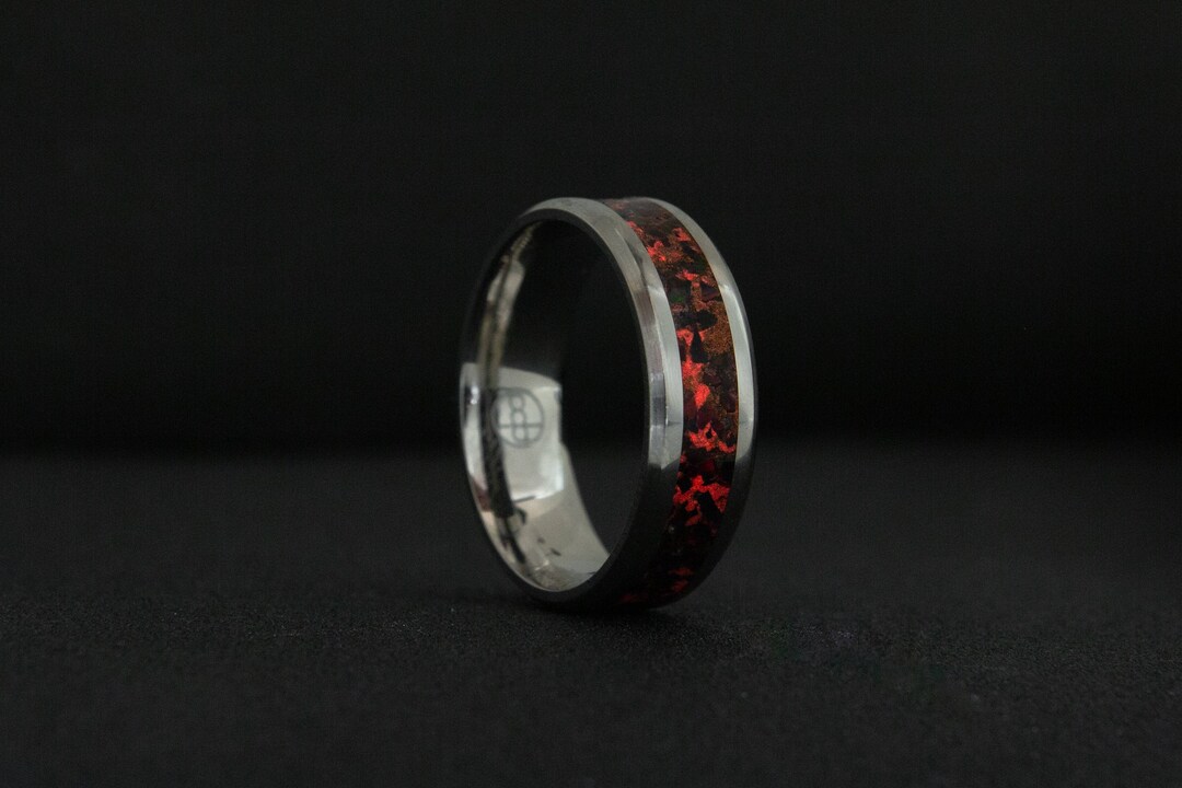 Black Lava Rock Opal Glow Ring in Tungsten, Glow in the Dark Ring, Mens ...
