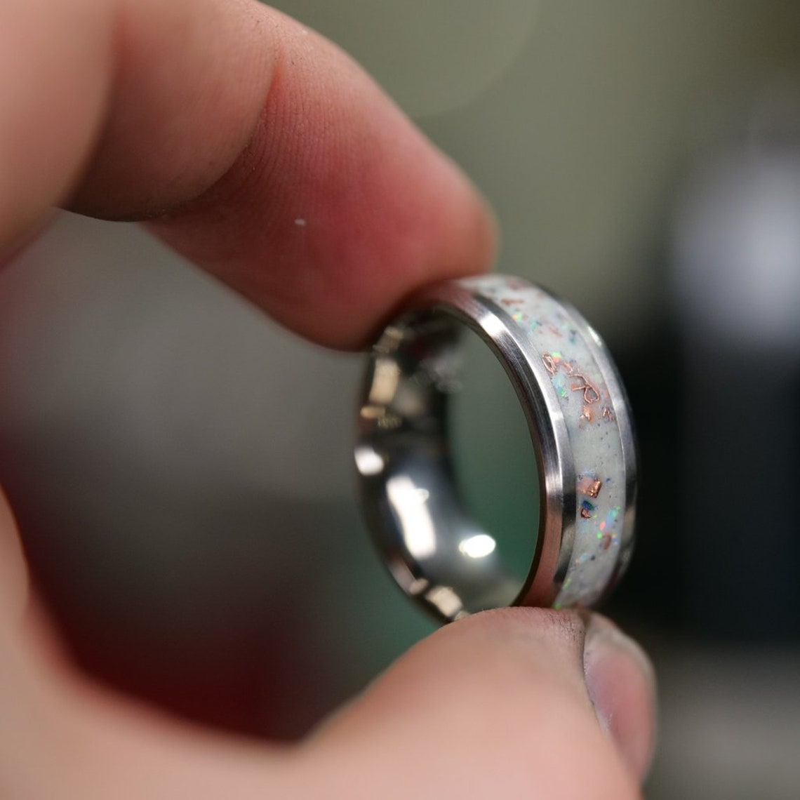 Tungsten Opal Glow Ring, Mens Wedding Band, Aqua Glow Ring, Opal ...