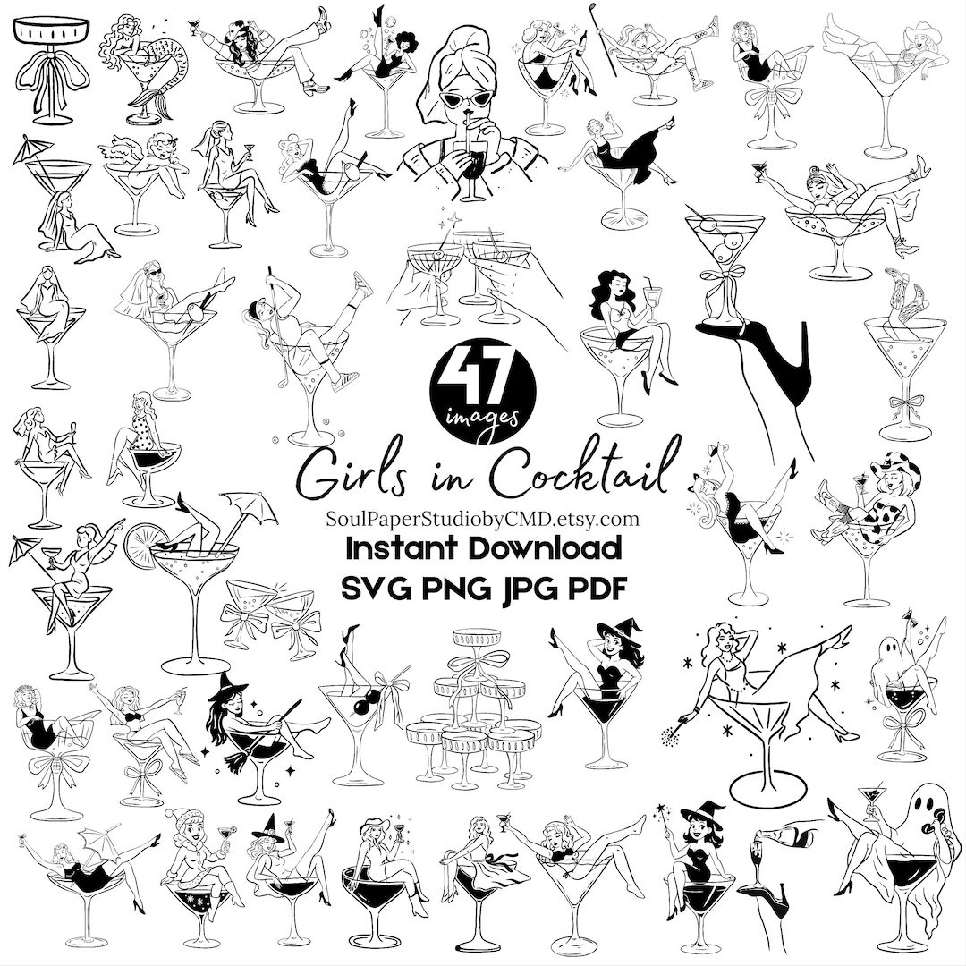 Retro Girls in Cocktail Clipart: Bachelorette Party Graphics (SVG, PNG ...