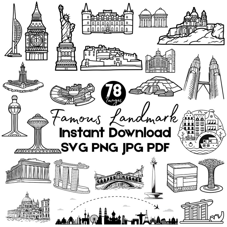 World Landmark Line Art | Travel Doodle SVG Bundle (78 Designs ...