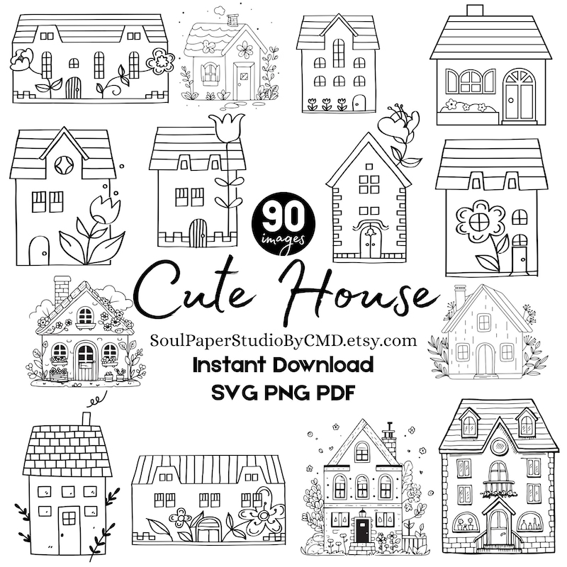 Cute House Line Drawing - Etsy