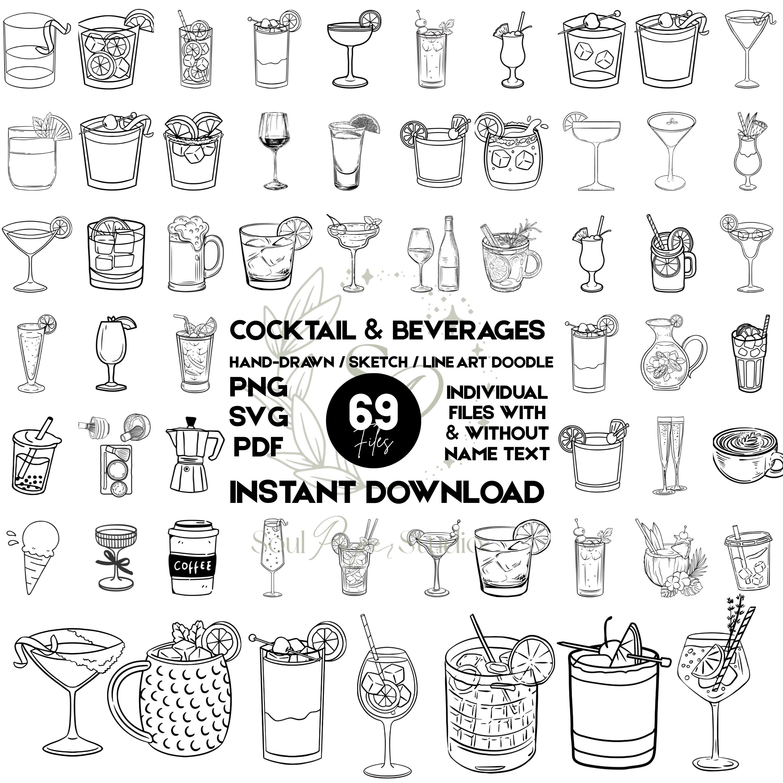 69 Hand-drawn Cocktail Doodle Outline Set: Line Art Drink Illustrations ...