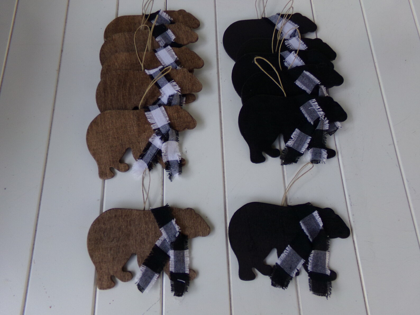 Set of 6 Wooden Black and White Buffalo Check Bear Ornaments - Etsy