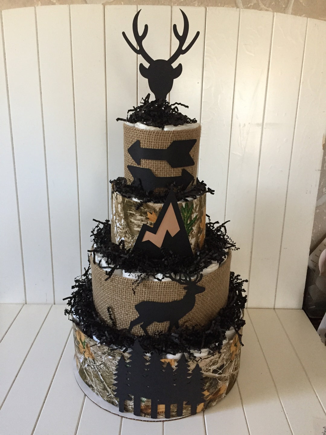 4-tier Camo Realtree Diaper Cake Centerpiece, Deer Diaper Cake ...
