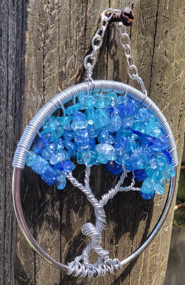 Blue Multi Colored Glass Tree of Life Handmade Suncatcher Ornament With ...