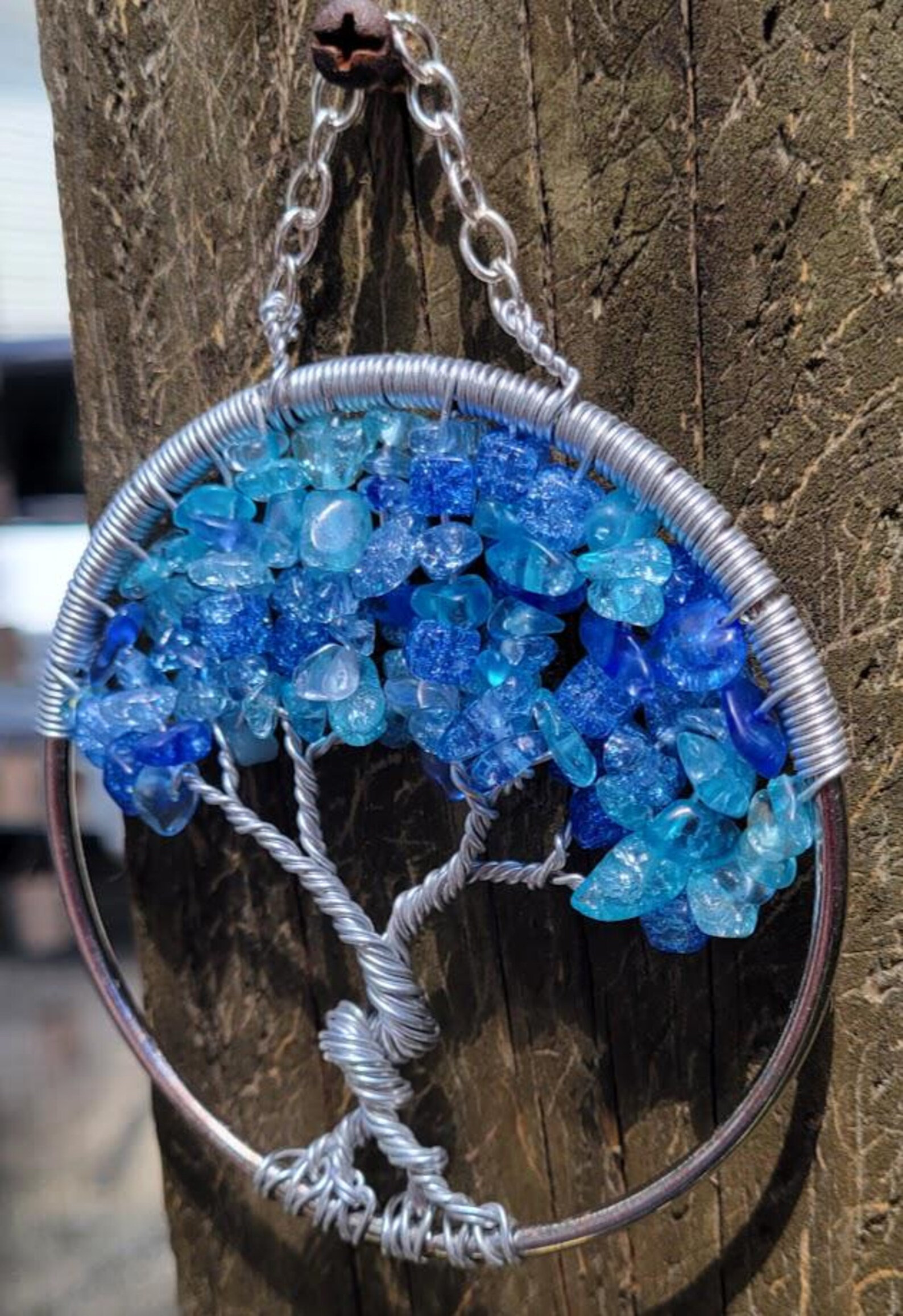 Blue Multi Colored Glass Tree of Life Handmade Suncatcher Ornament With ...