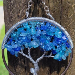 Blue Multi Colored Glass Tree of Life Handmade Suncatcher Ornament With ...