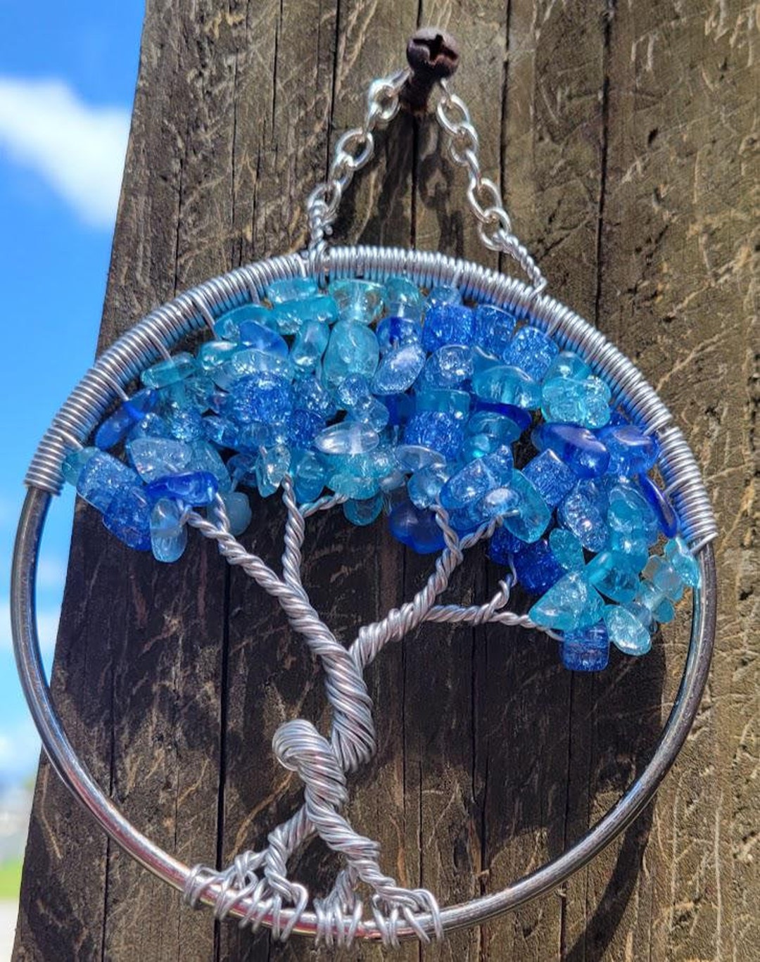 Blue Multi Colored Glass Tree of Life Handmade Suncatcher Ornament With ...