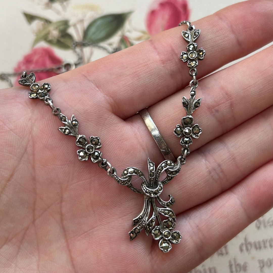 Vintage Marcasite Necklace, Silver Tone Metal, Flower & Leaves Design ...