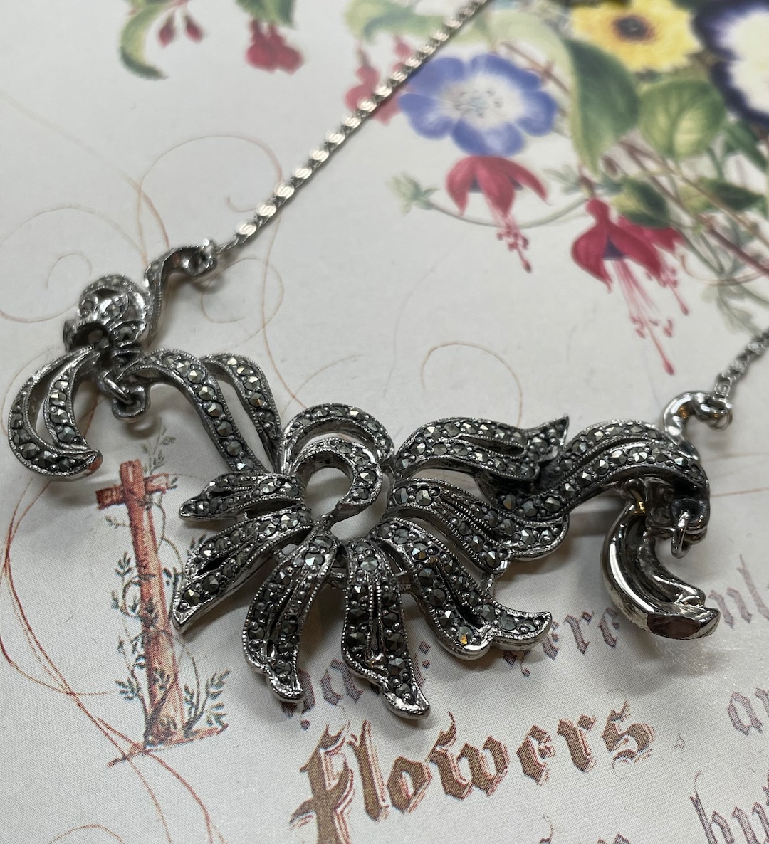 Vintage Marcasite Necklace, Vintage Necklace, Marcasite Necklace, Silver Tone Necklace, Vintage ...