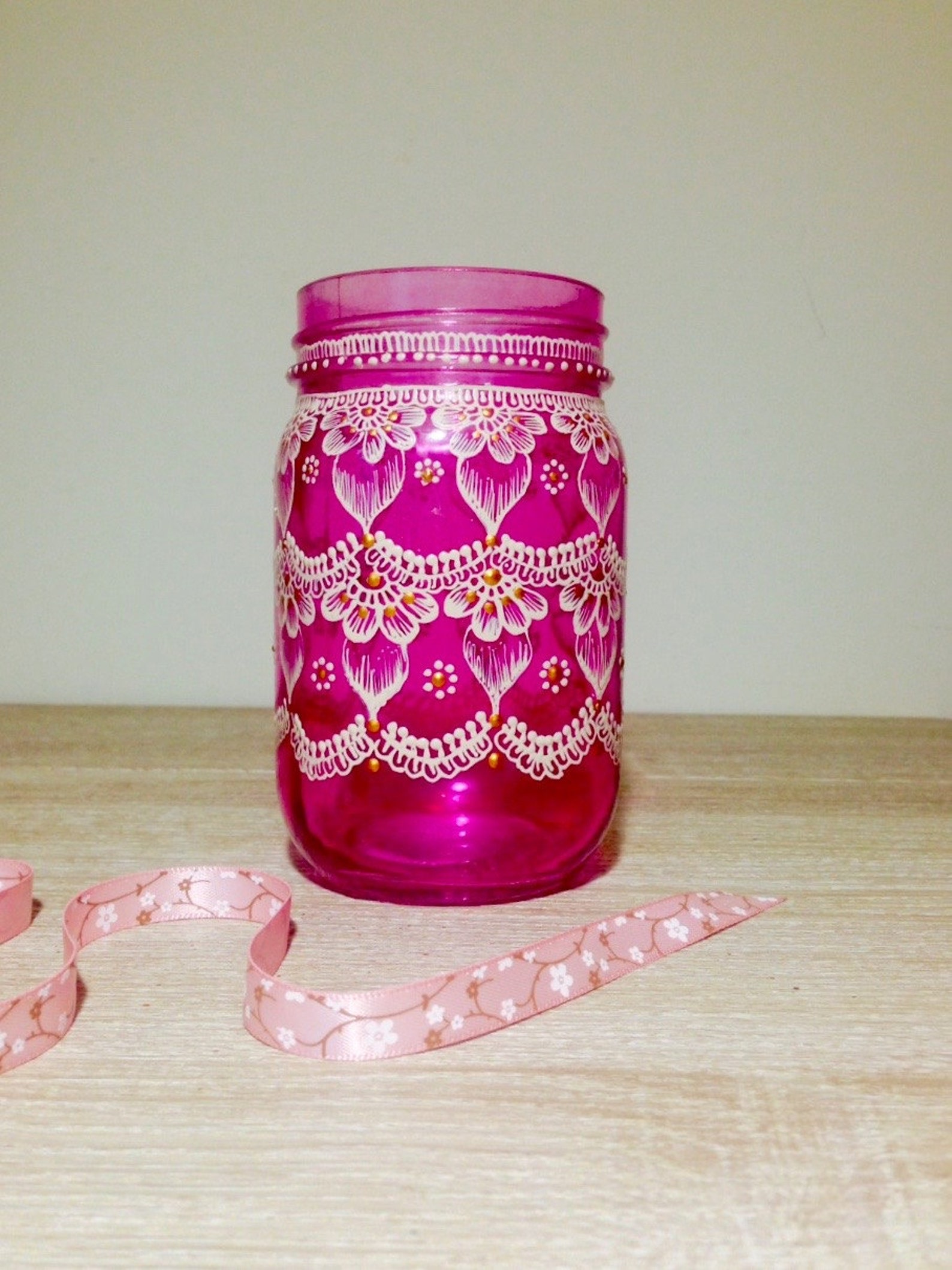 Pink glass jar with white lace like design hand painted. Can | Etsy