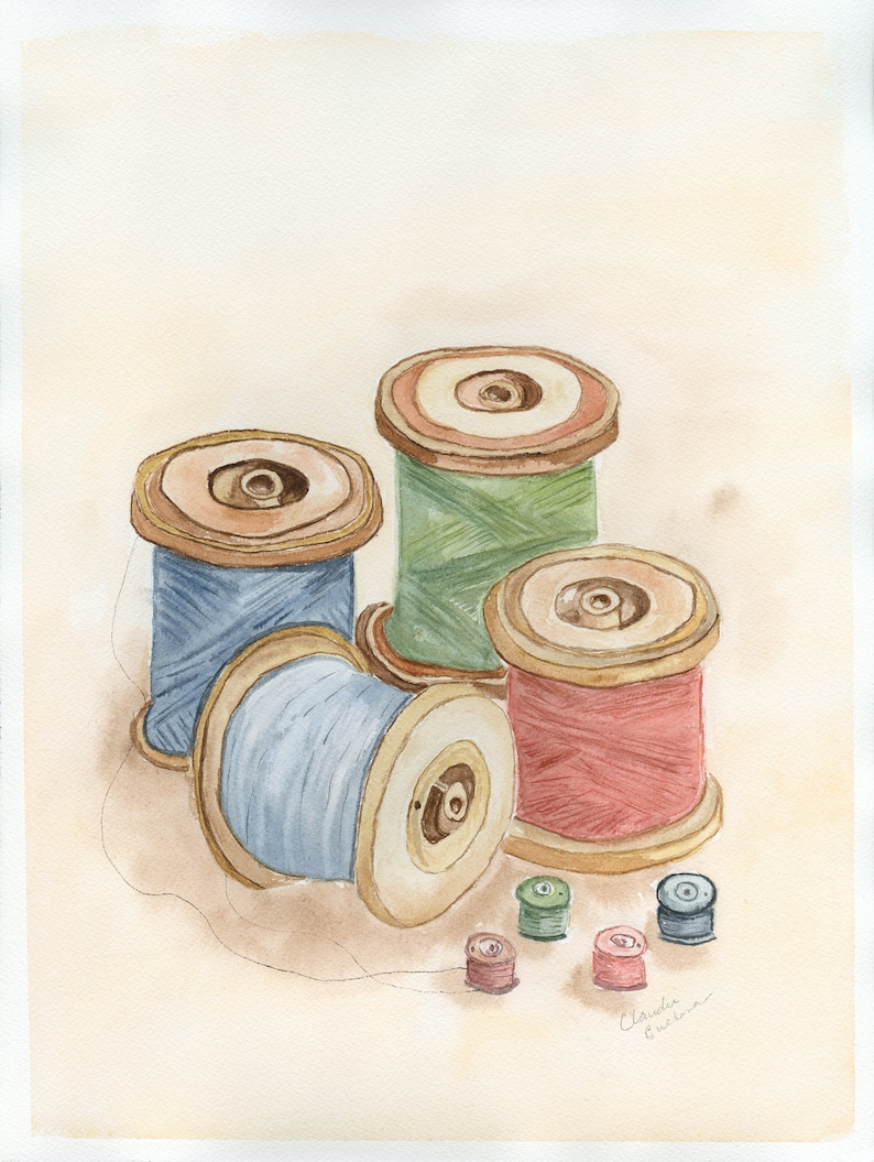Antique Thread Spools - Watercolor Print From Original by Claudia ...