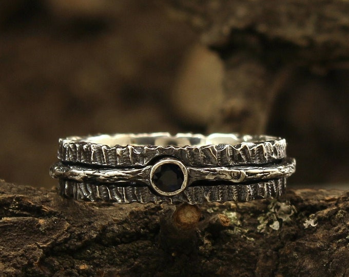 Tree Bark Band With Sapphire, Unique Durable Wedding Band, Rustic Ring ...