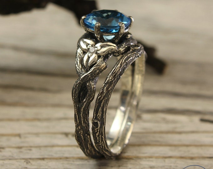 Unique Branch Engagement Ring Set With Topaz, Twig Engagement Ring Set ...