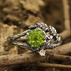 Oak Leaves on a Branch Ring With Peridot and Diamond, Twig Woman's ...
