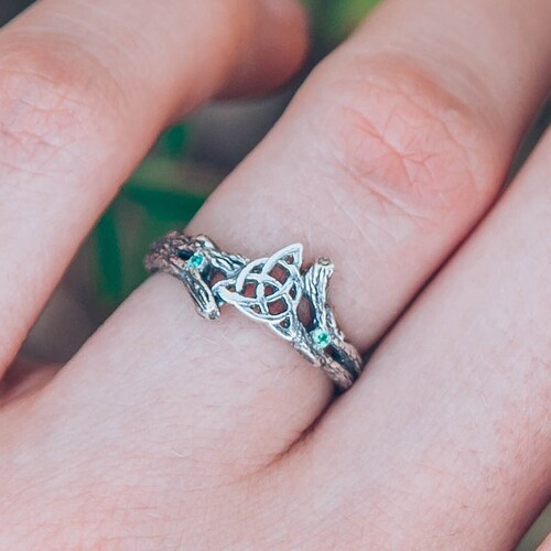 Celtic Emerald Silver Ring Tiny Branch Silver Ring With - Etsy