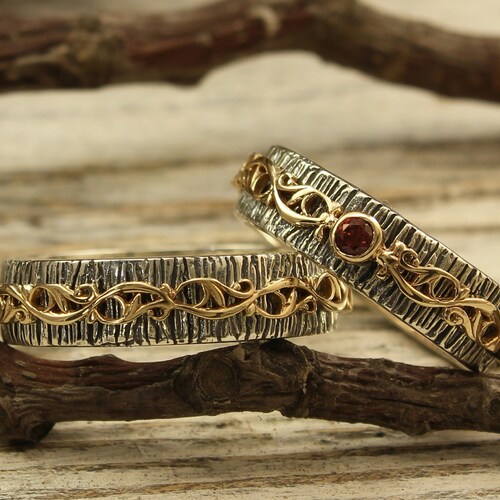 Vine Wedding Bands Set in Vintage Style Unique Silver Wedding - Etsy