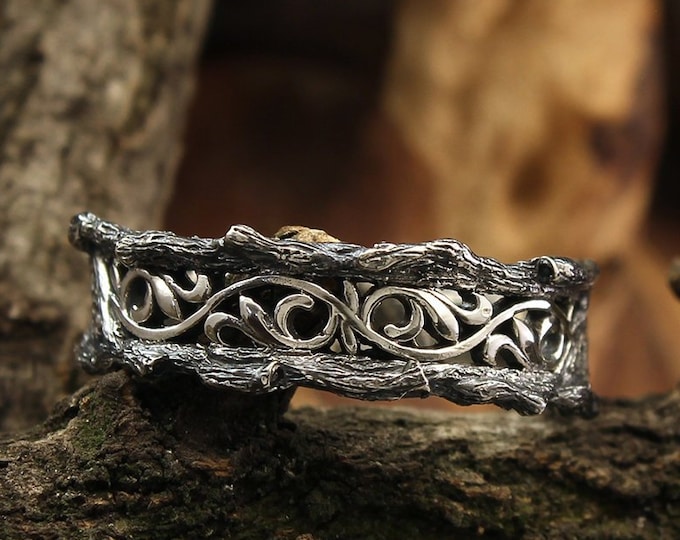Branch and Vine Wedding Band With Diamond, Men's Tree Bark Silver Band ...