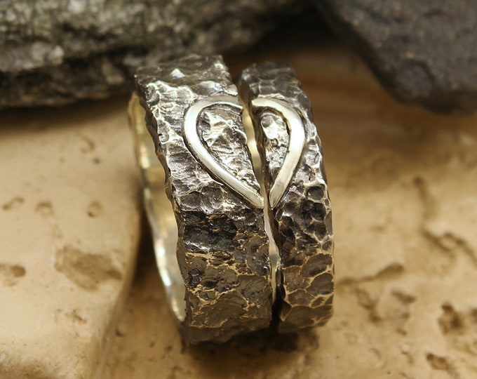 Wild Heart Wedding Bands Set, His and Her Half Heart Rings, Rock ...