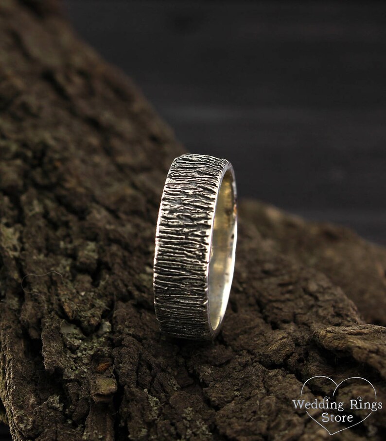 Rustic style wedding band Tree bark ring Silver tree wedding | Etsy
