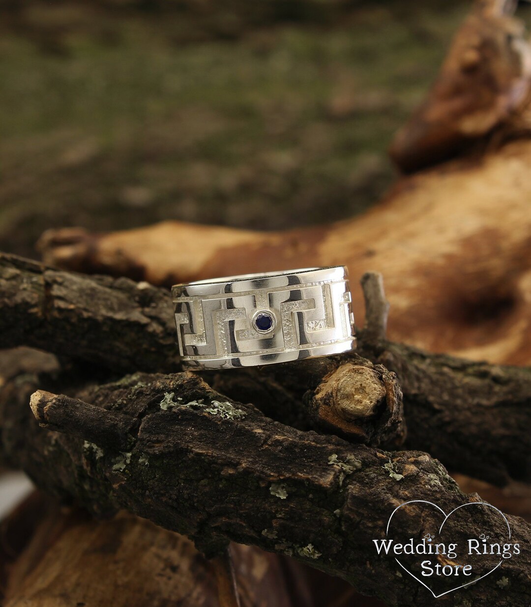 Greek Wedding Band With Sapphire, 10mm Greek Ring, Big Ring, Greek ...