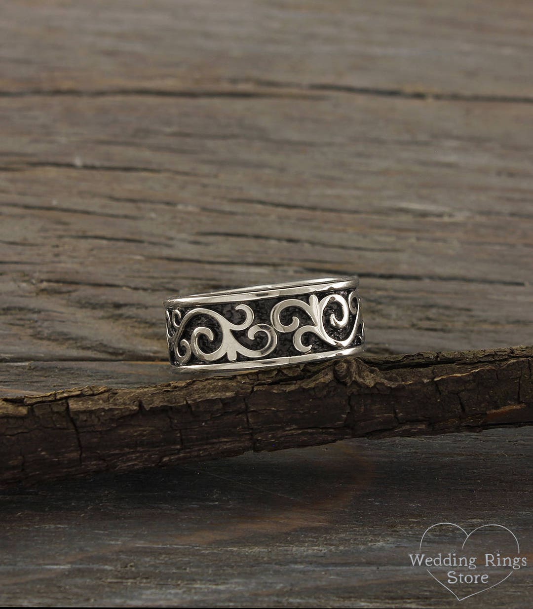 Chunky Silver Vine Wedding Band in Vintage Style — Wide Silver Band ...