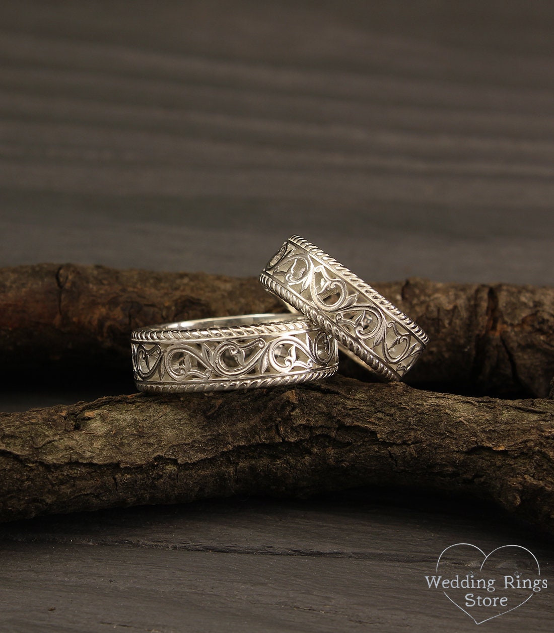 Vintage style silver wedding rings set Silver vine wedding | Etsy