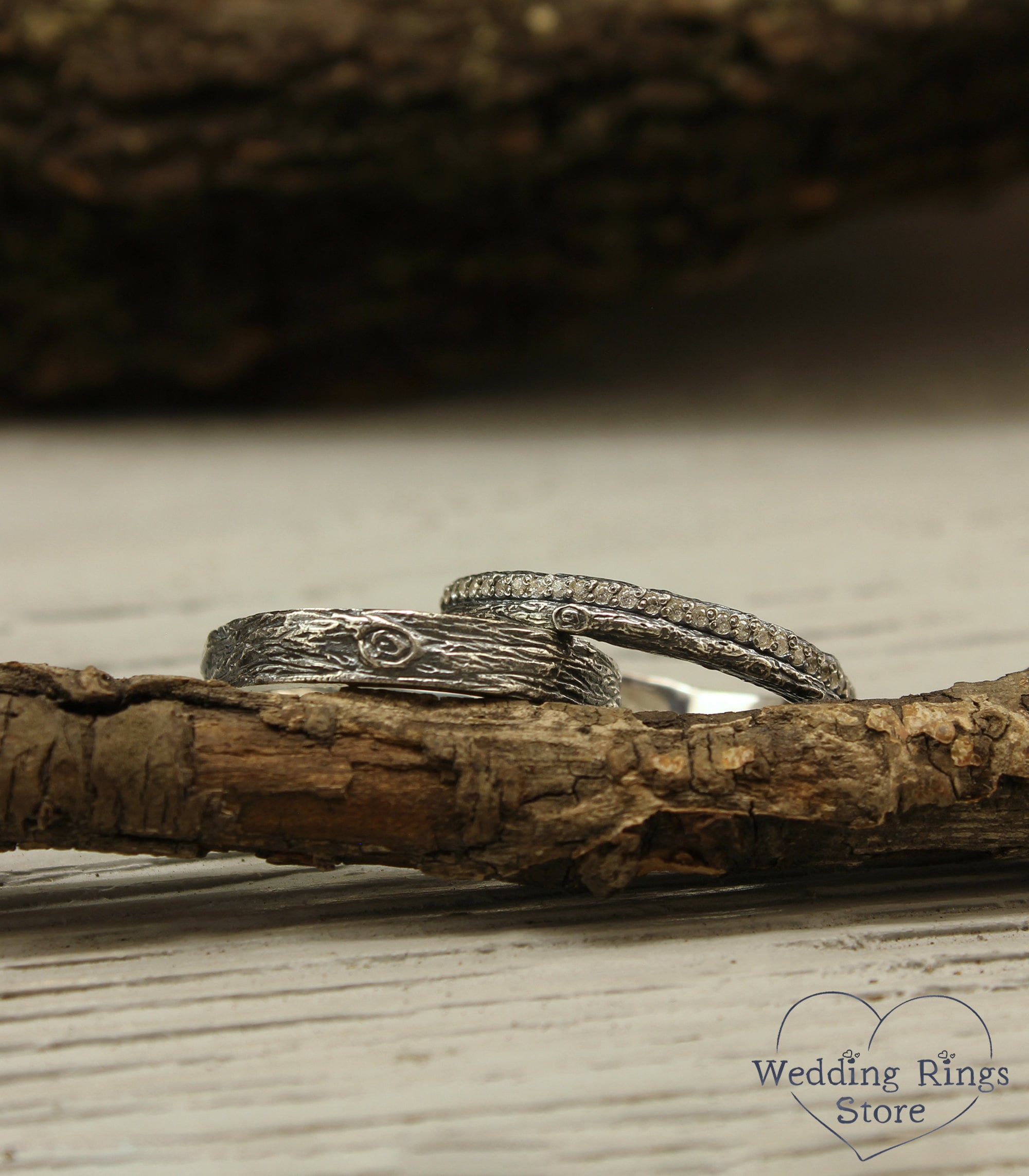 His and Her band set Forest rings set Tree bark bands | Etsy