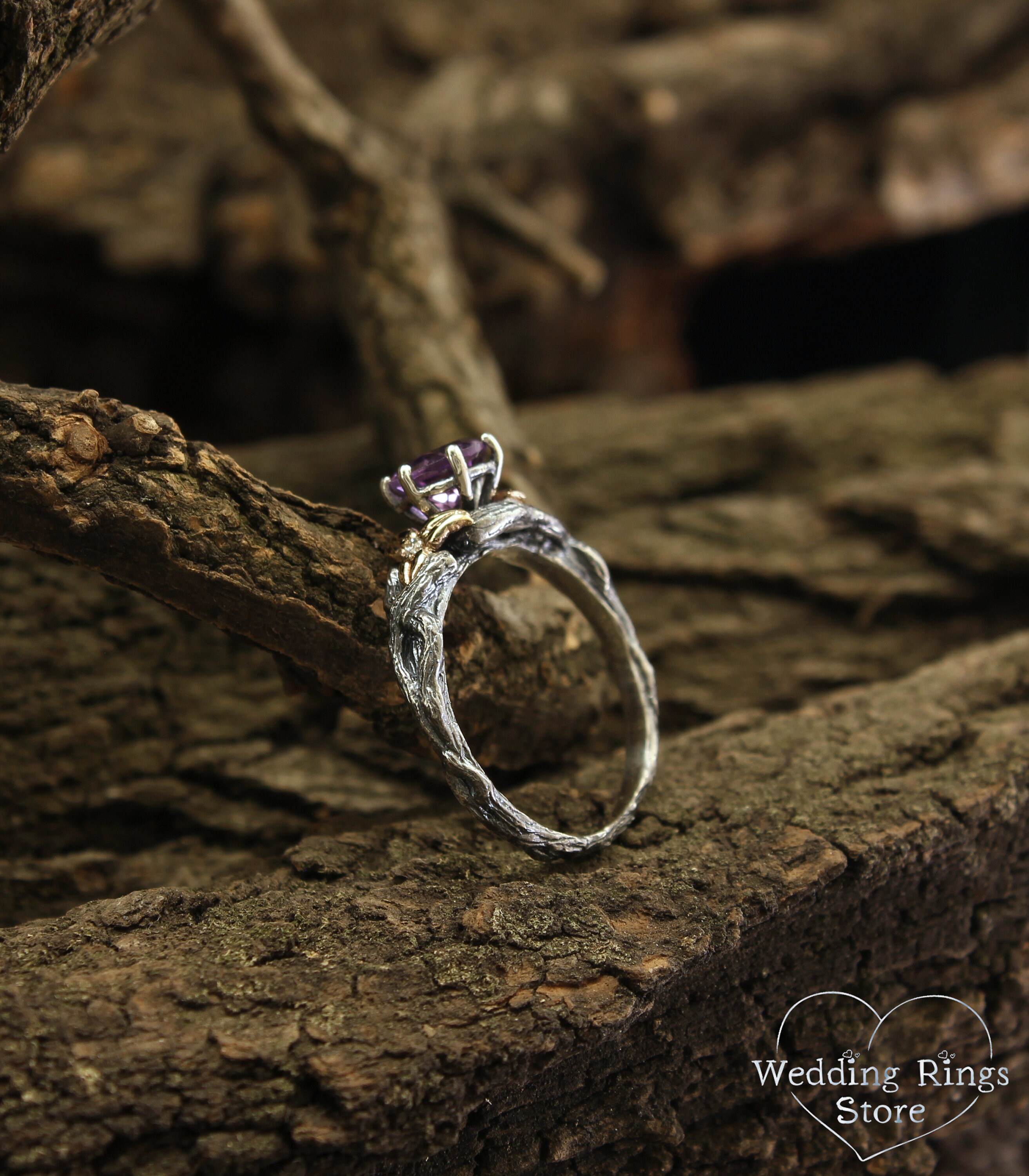 Unusual twig engagement ring with amethyst Mixed metals | Etsy
