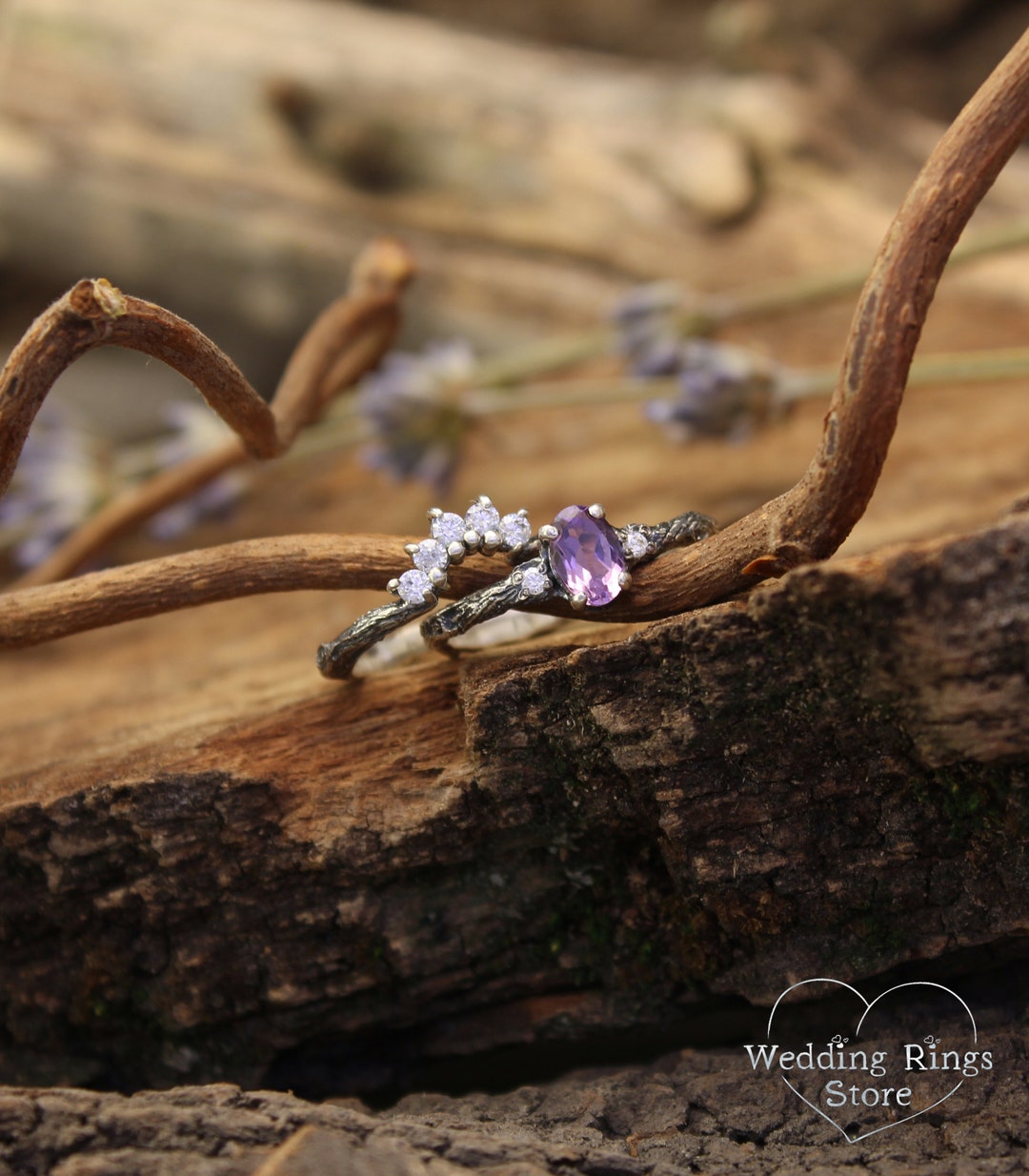 Forest Princess Tiara Tree Branch Engagement Ring Set Amethyst & CZ ...