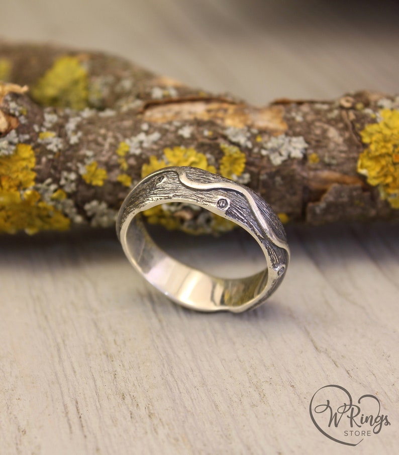 Unusual Wave and Tree Bark Silver Band, Wavy Line on a Tree Band for ...