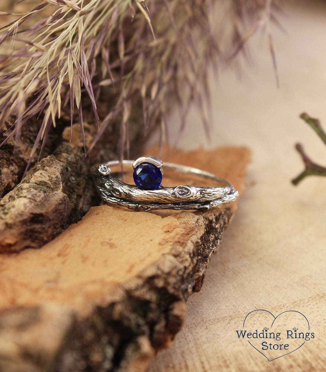 Dainty Blue Sapphire Engagement Ring, Sterling Silver Wrap Around Twig ...