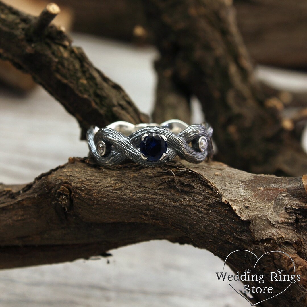 Sapphire Tree Bark Statement Ring for Her, Sterling Silver Infinity ...