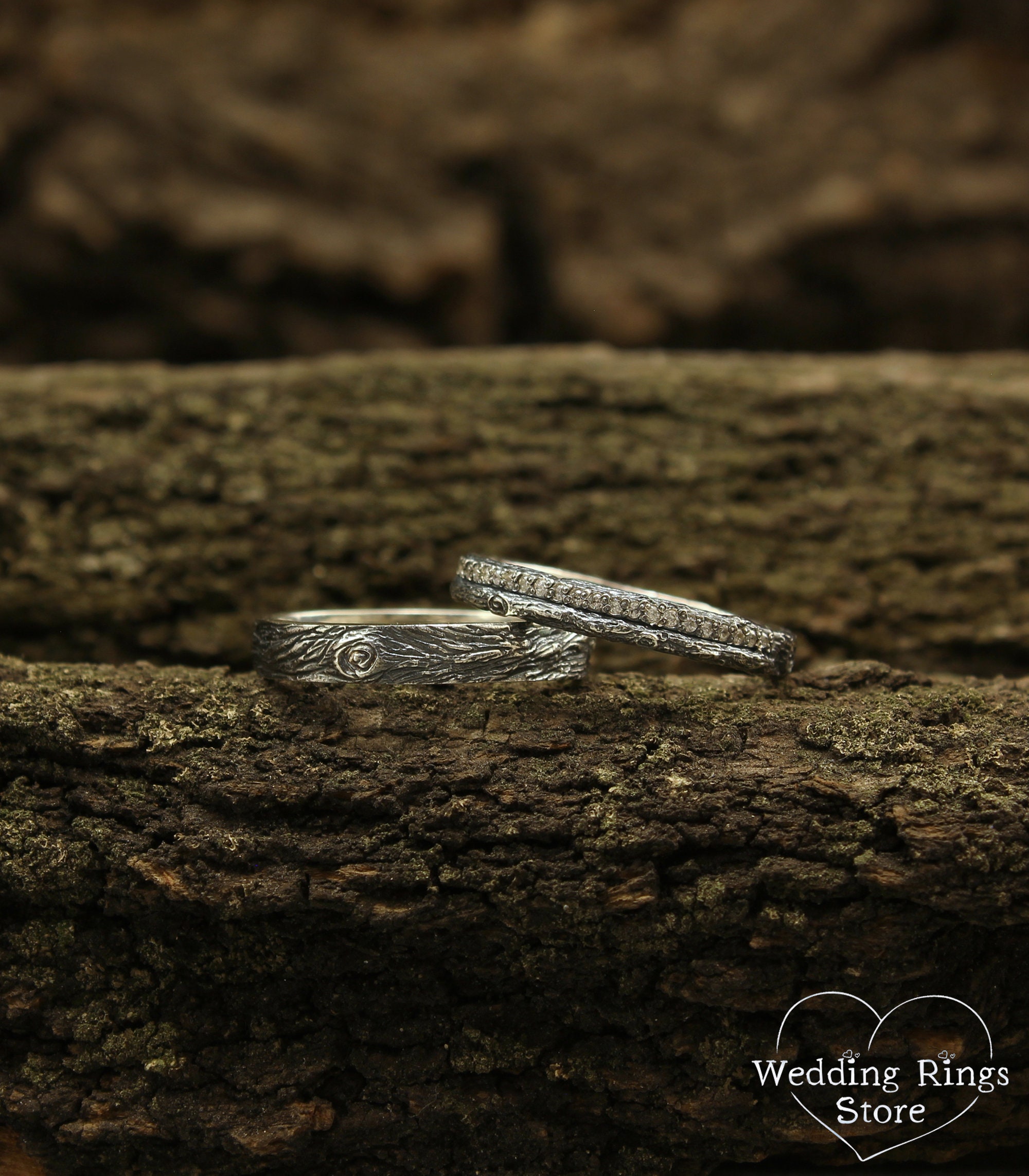 His and Her band set Forest rings set Tree bark bands | Etsy