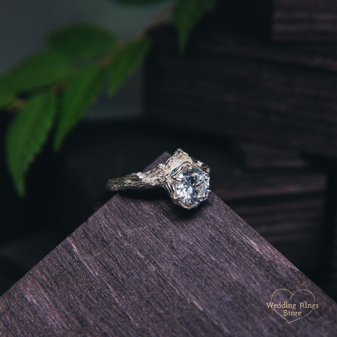 Nature Inspired Chevron Solitaire Diamond Ring With Leaves, Unique ...