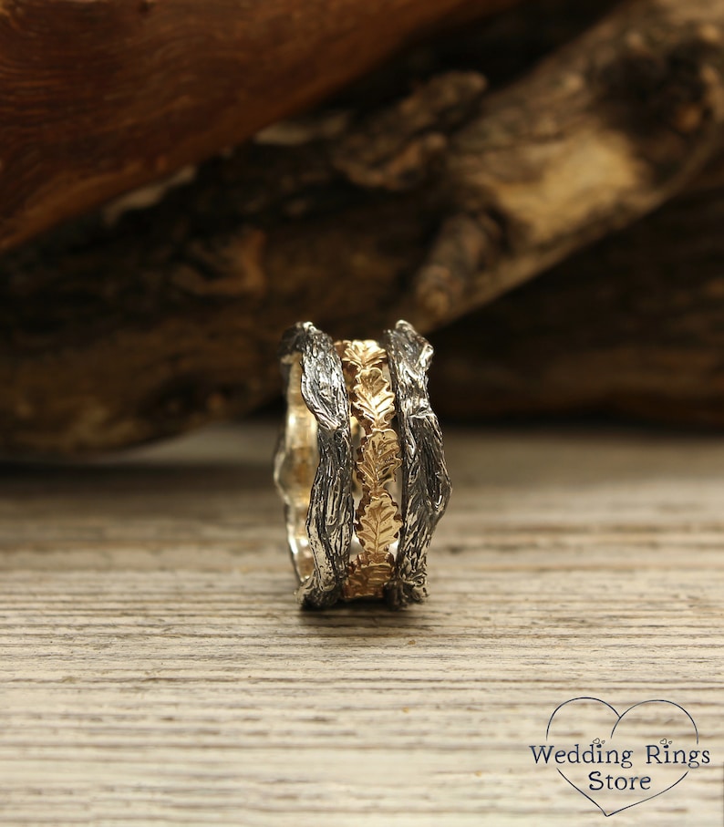 Oak Leaves and Branch Wedding Band Unique Tree Bark Band 14k - Etsy