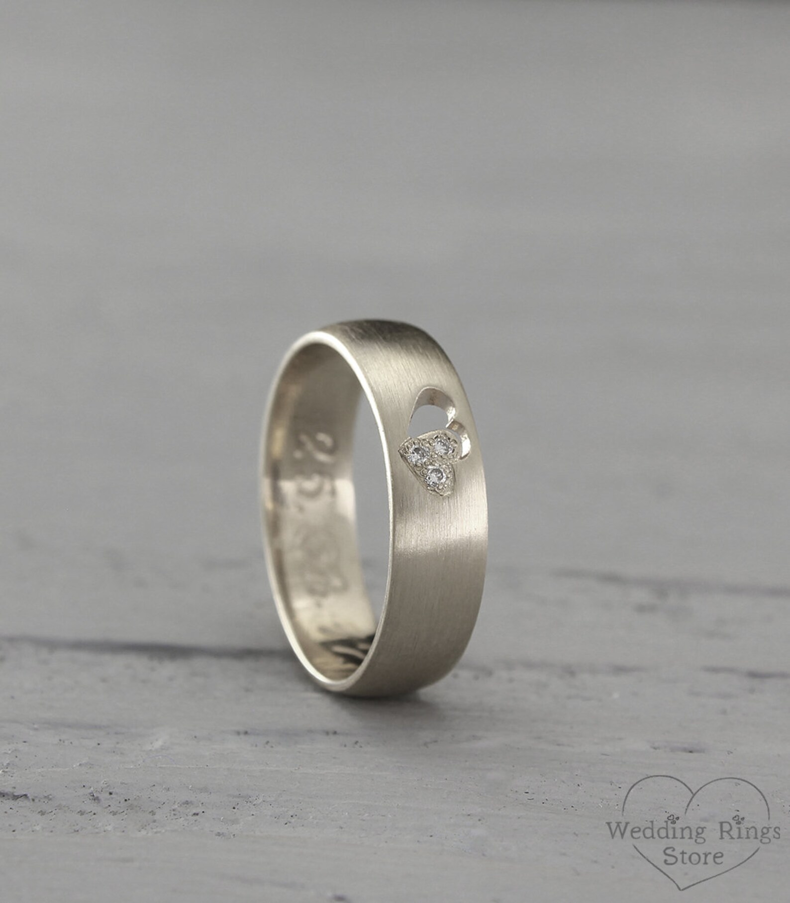 Diamond Heart Wedding Band, Diamond Silver Wedding Band, Heart Wedding ...