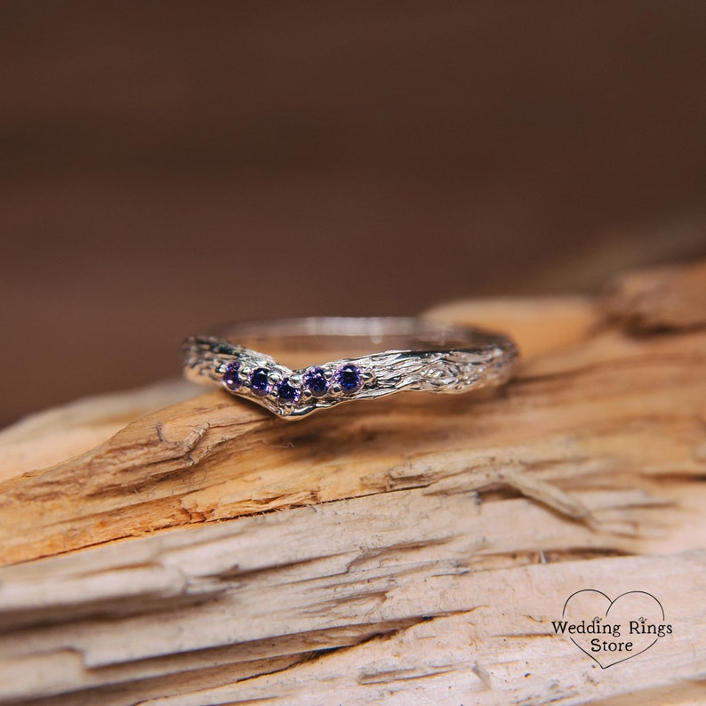 Multi Stone Amethysts Curved Wedding Band Silver Tree Bark Nature ...