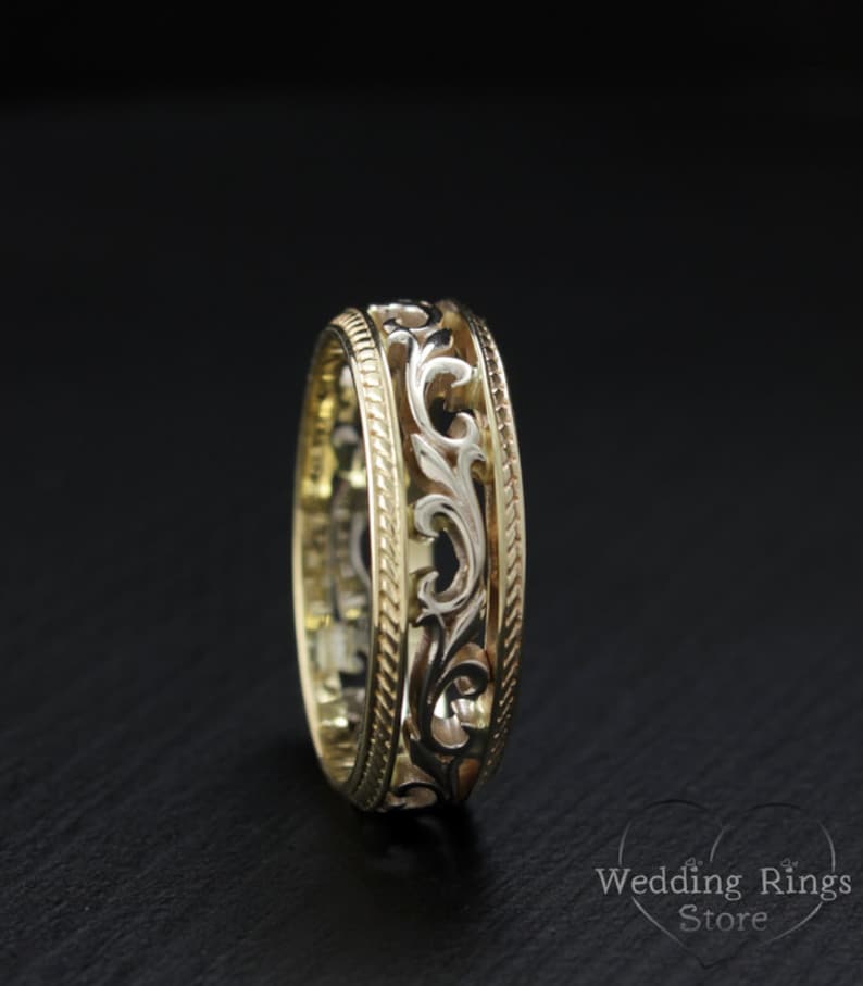 Vintage style wedding band Filigree wedding ring Nature | Etsy