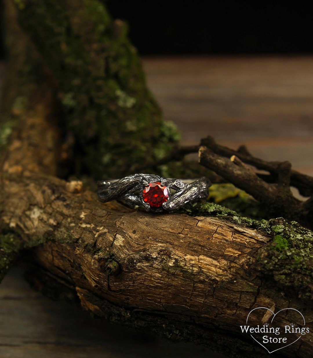 Braided Branch Engagement Ring With Garnet, Unique Silver Twig Ring ...