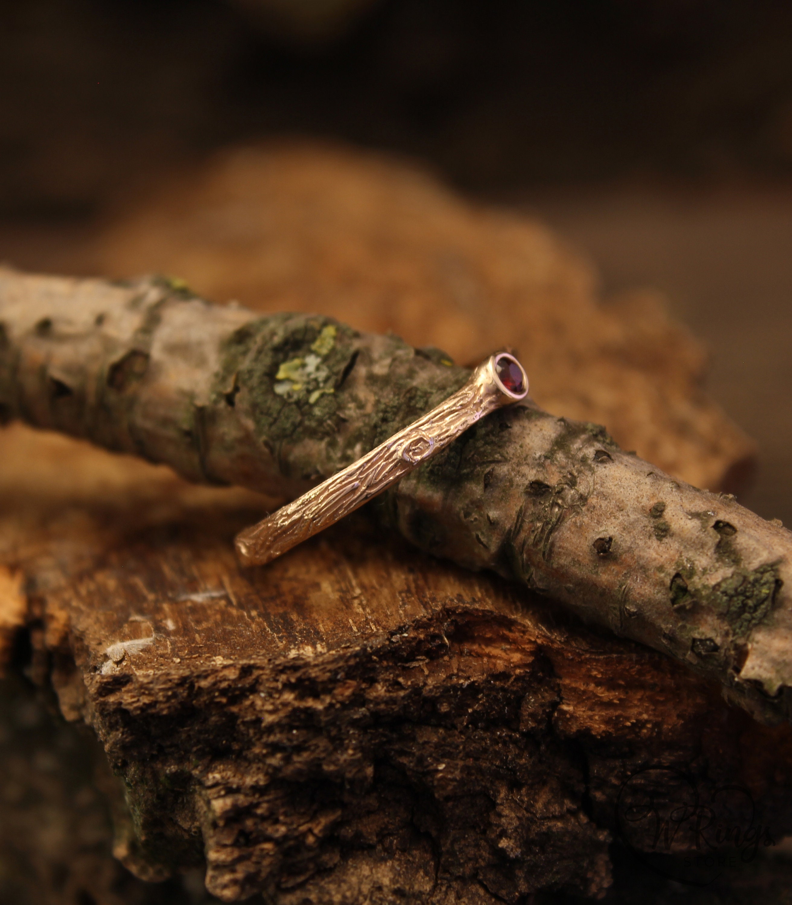 Small garnet and tree bark engagement rose gold ring Unique | Etsy