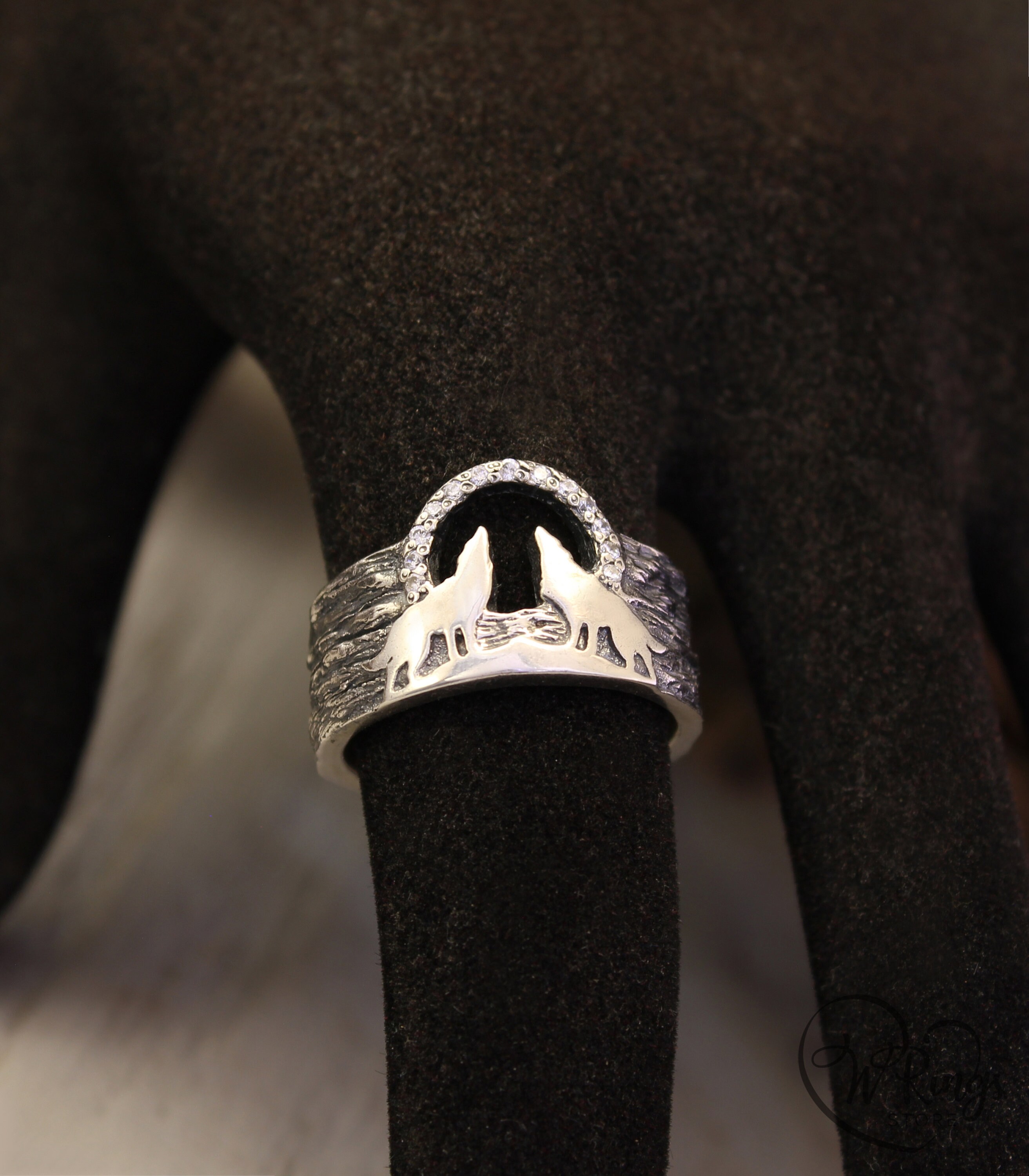 Two wolves sterling silver band with cubic zirconia Unique | Etsy