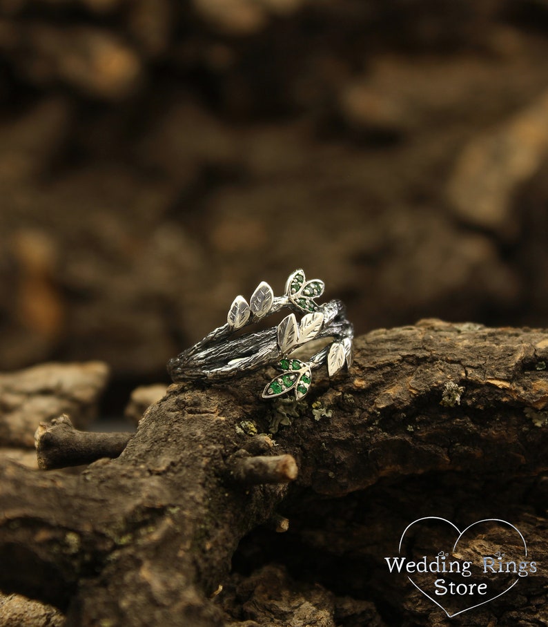 Leaves on the Branch Ring With Emeralds Braided Branches Ring - Etsy