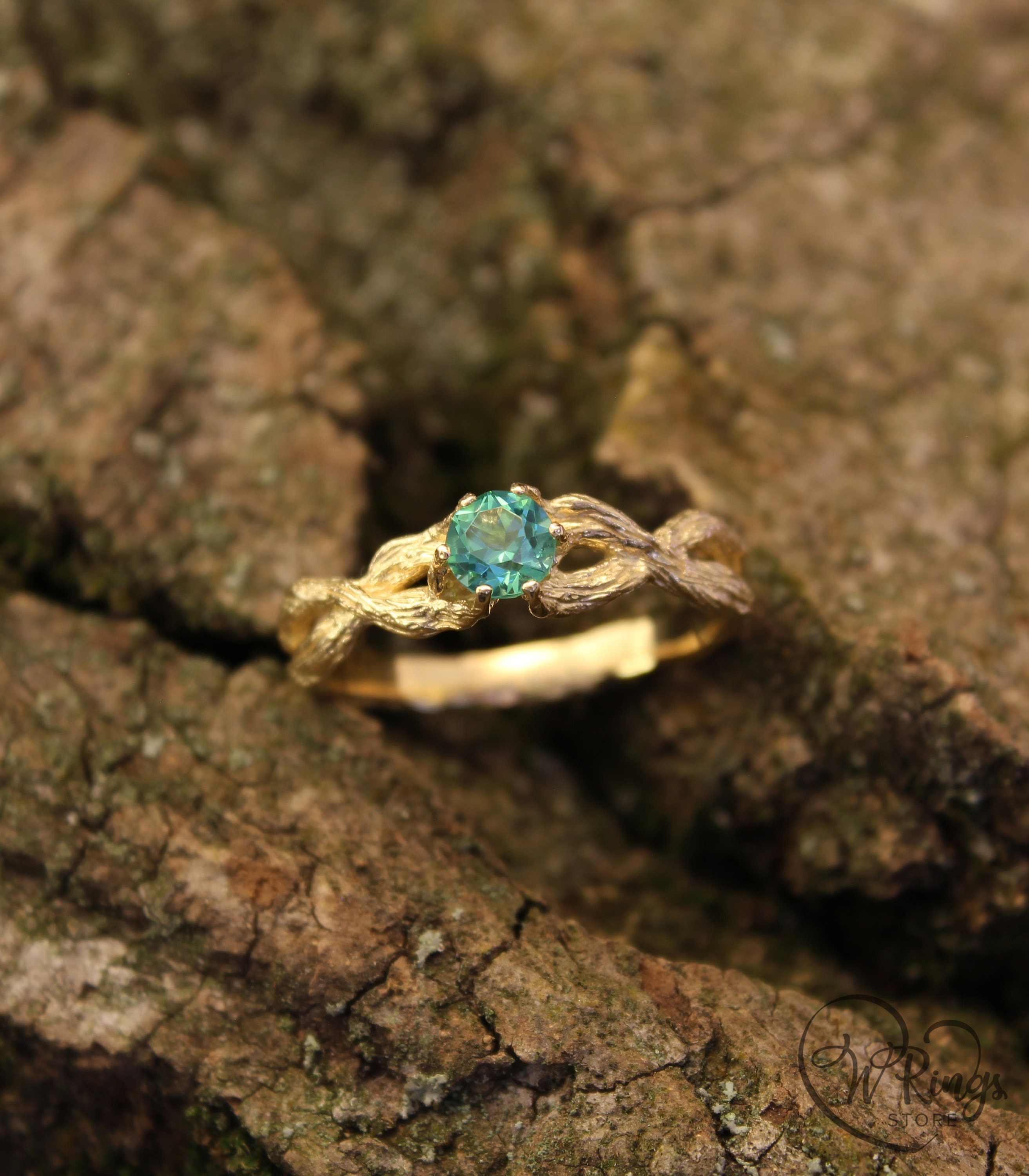 14k yellow gold braided twig ring with green quartz Double | Etsy